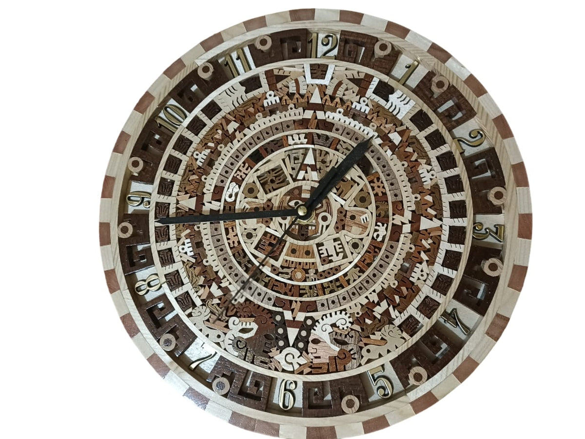 Reloj de Calendario Azteca en maderas finas – Artesaliz